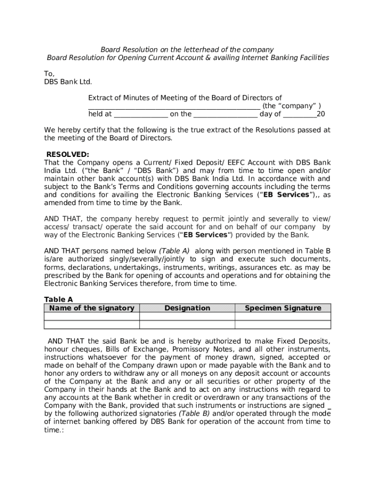 Board Resolution for Opening Current Account & availing Internet ...