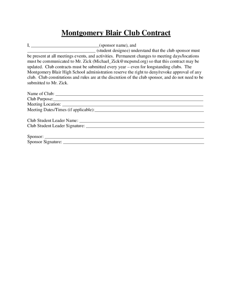 Fillable Online Club Contract - MBHS SGA - Montgomery Blair High School ...