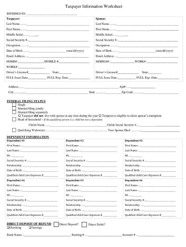 Fillable Online Federal Information Worksheet - Fill Online, Printable ...