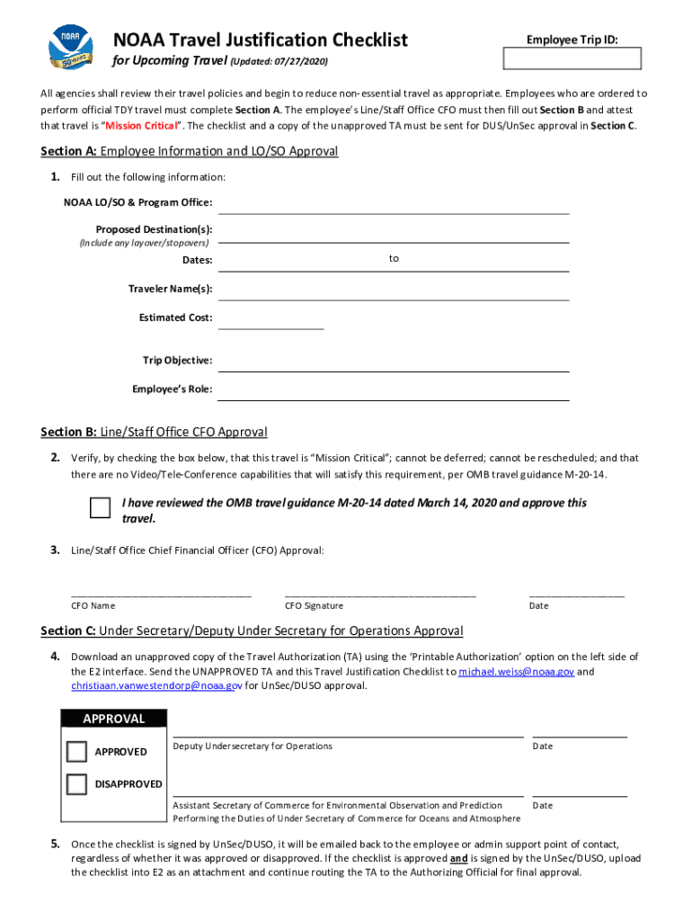 Fillable Online Essential Travel Justification Form for Upcoming Travel ...