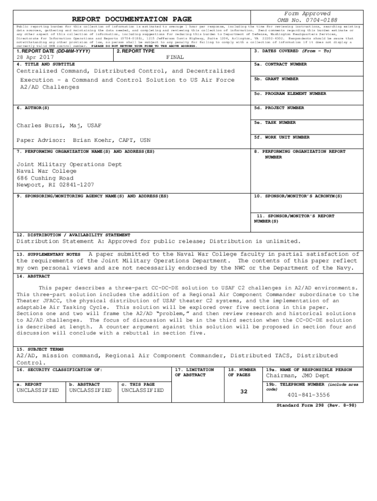 Fillable Online Form Approved REPORT DOCUMENTATION PAGE OMB No. 0704 ...