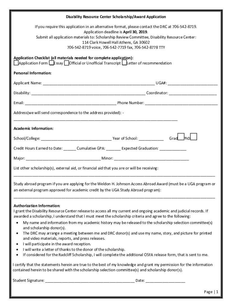 Fillable Online drc uga 1 Disability Resource Center Scholarship/Award ...