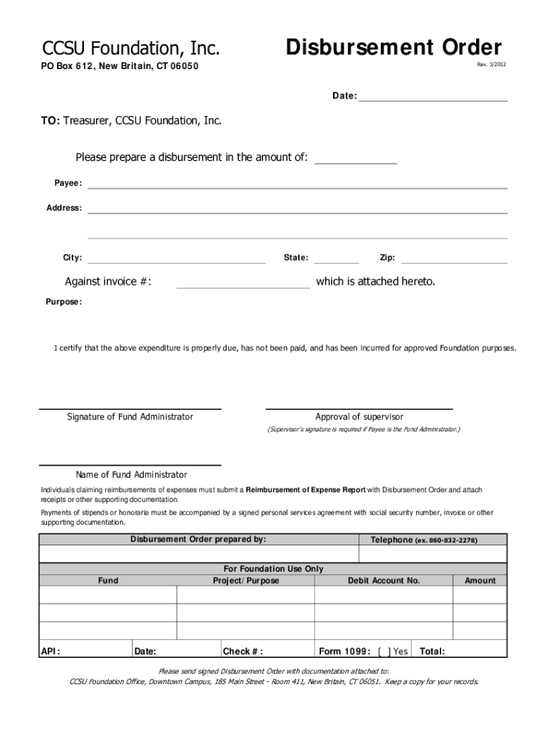 Fillable Online CCSU Foundation Inc., Disbursement Order Form Fax Email ...