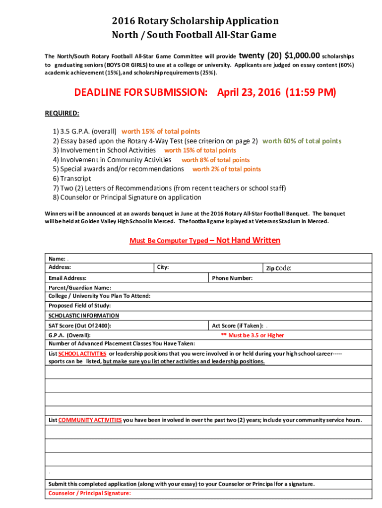 Fillable Online 2016 Rotary North / South Scholarship Application Fax Email Print - pdfFiller
