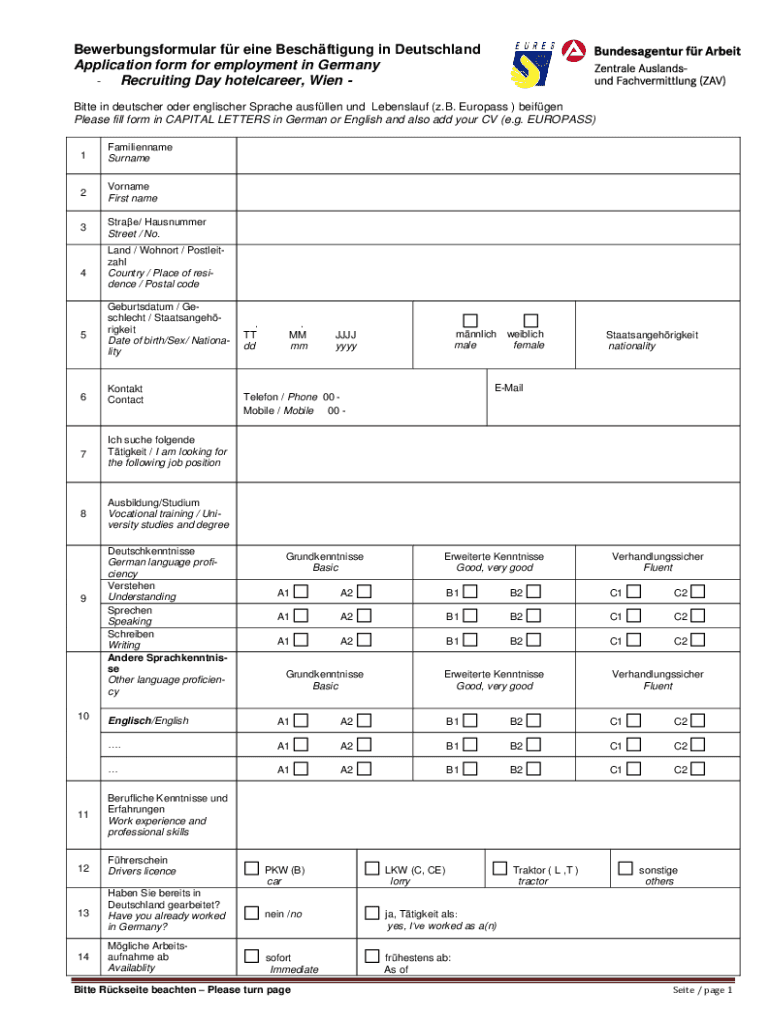 Fillable Online Application form for employment in Germany Fax Email ...