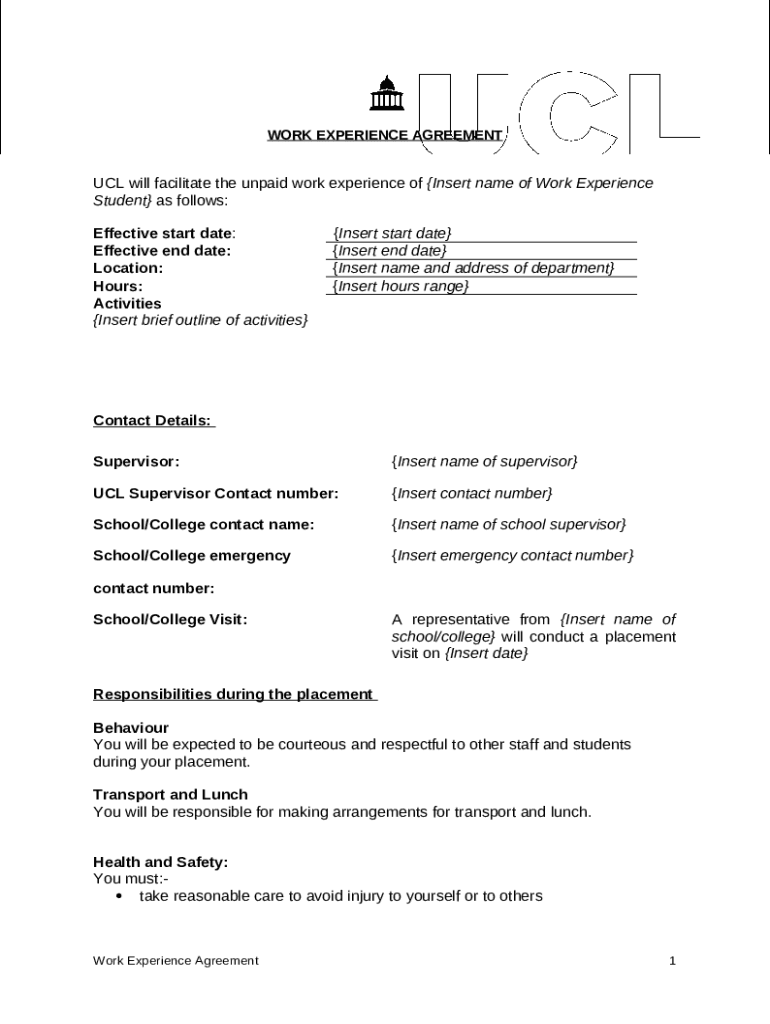 Work Experience Agreement - UCL Doc Template | pdfFiller