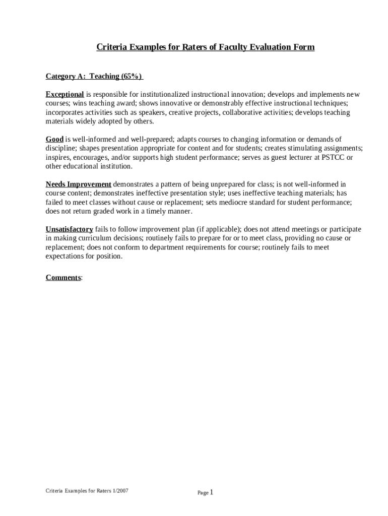 Criteria Examples for Raters of Faculty Evaluation Doc Template | pdfFiller