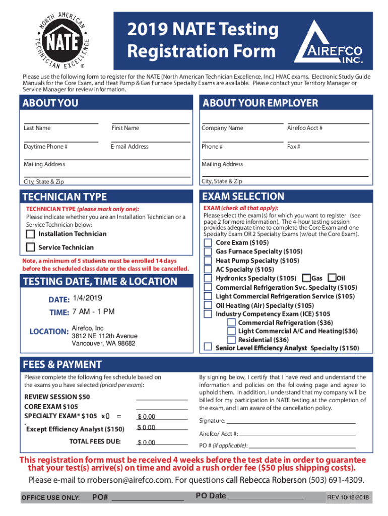 Fillable Online NATE FILLABLE Test Registration Form (Rev 111717) Fax ...