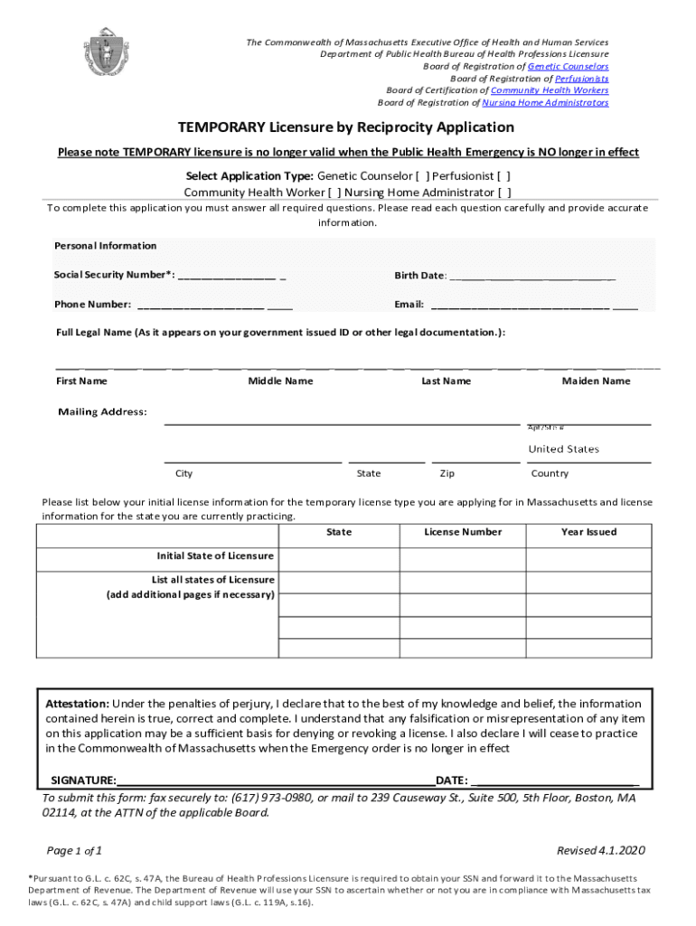 Fillable Online Temporary Nursing Licensure by Reciprocity Application ...