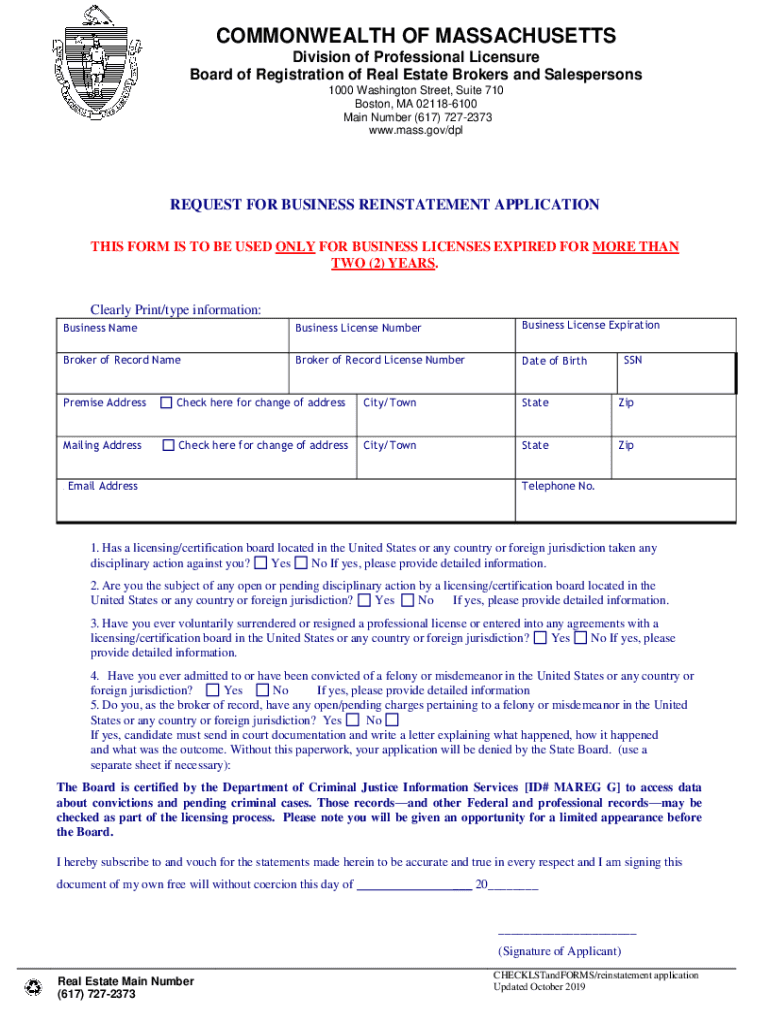 Fillable Online REQUEST FOR BUSINESS REINSTATEMENT APPLICATION Fax Email Print - pdfFiller