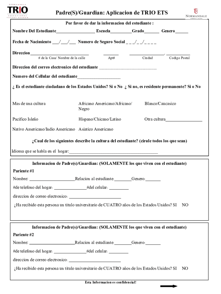 Fillable Online Padre(S)/Guardian: Aplicacion de TRIO ETS - Normandale ...