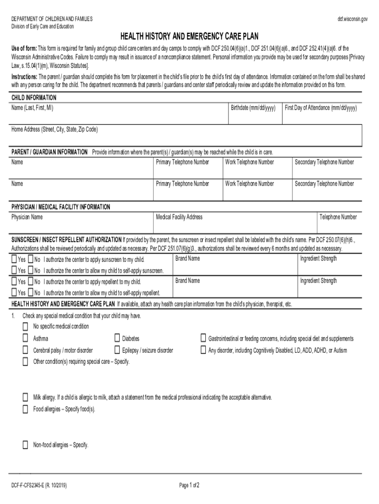 Fillable Online Health History and Emergency Care Plan, DCF-F-CFS-2345 ...