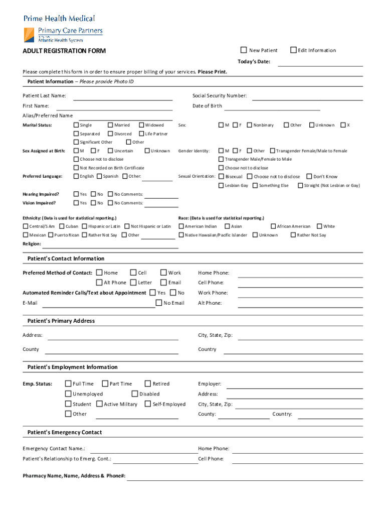 Fillable Online Adult Registration Form New Patient Todays Date Fax Email Print - pdfFiller