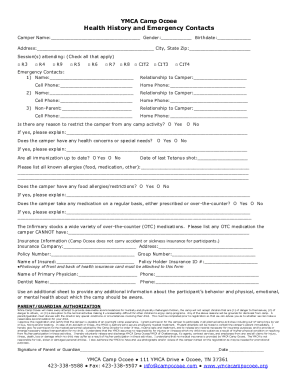 Fillable Online Health History and Emergency Contacts Fax Email Print ...