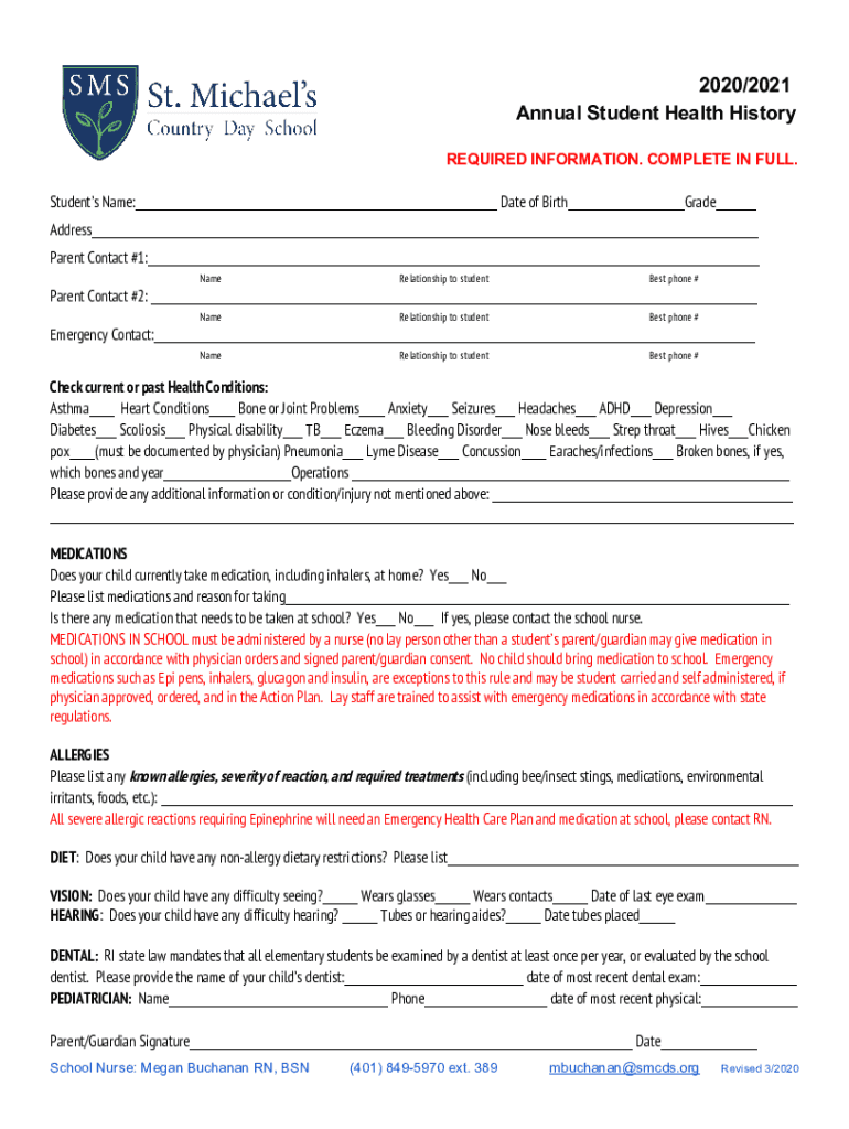 Fillable Online Annual Student Health History Fax Email Print - pdfFiller