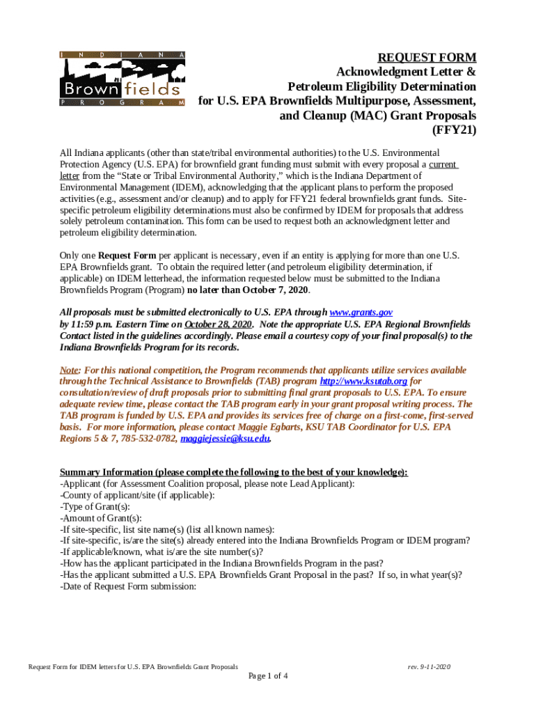 Request EPA Grant Acknowledgement Ltr-PED - IN.gov Doc Template | pdfFiller