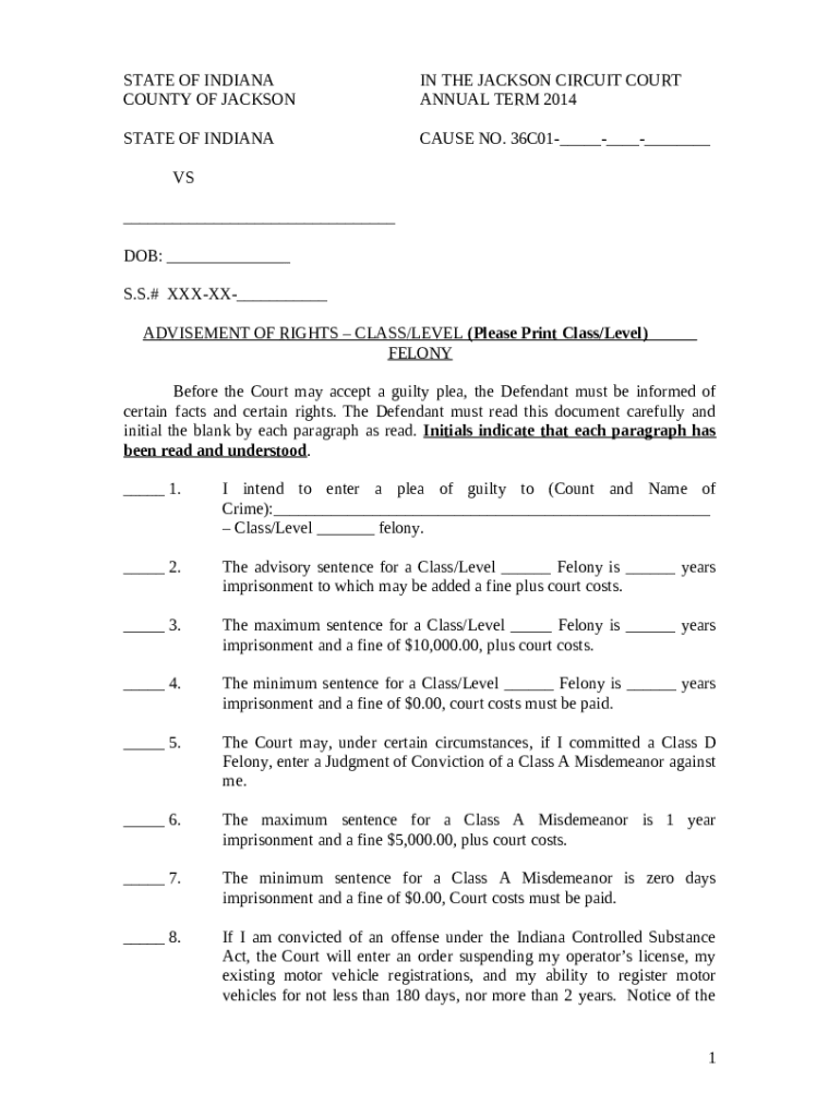 ADVISEMENT OF RIGHTSCLASS/LEVEL - IN.gov Doc Template | pdfFiller