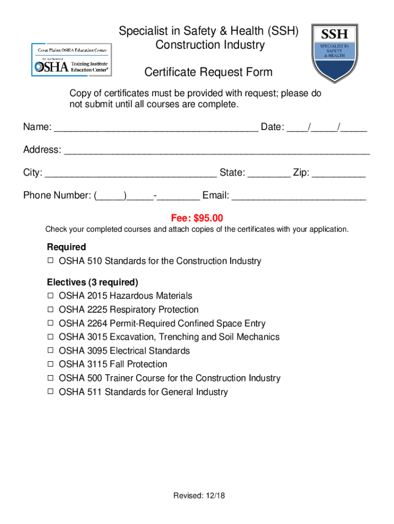 Fillable Online Specialist in Safety & Health (SSH) Construction Industry Certificate ... Fax ...