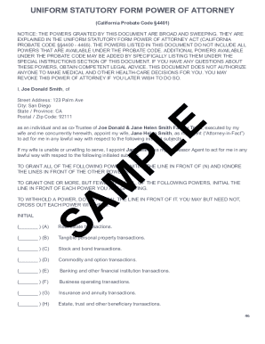Fillable Online CALIFORNIA UNIFORM STATUTORY POWER OF ATTORNEY ...