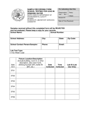 Fillable Online Sample Recording Form for Lead in Drinking Water Fax ...