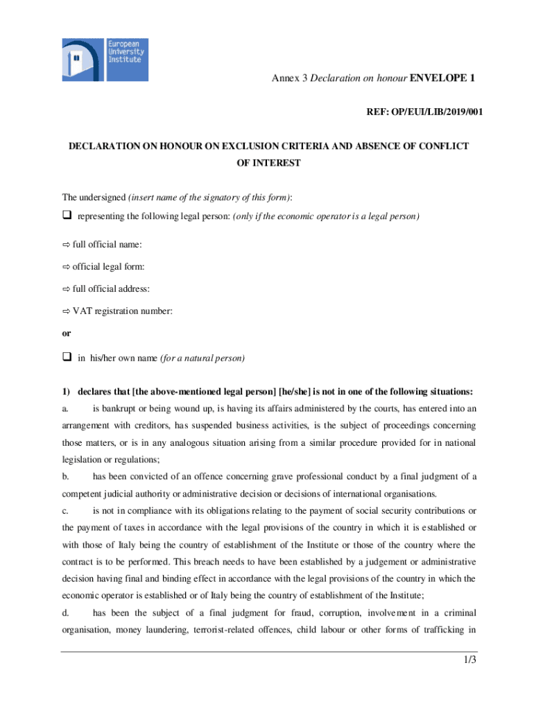 Fillable Online DECLARATION ON HONOUR ON EXCLUSION CRITERIA AND ABSENCE ...