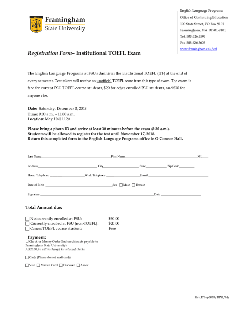 Fillable Online Registration Form Institutional TOEFL Exam - Framingham ...