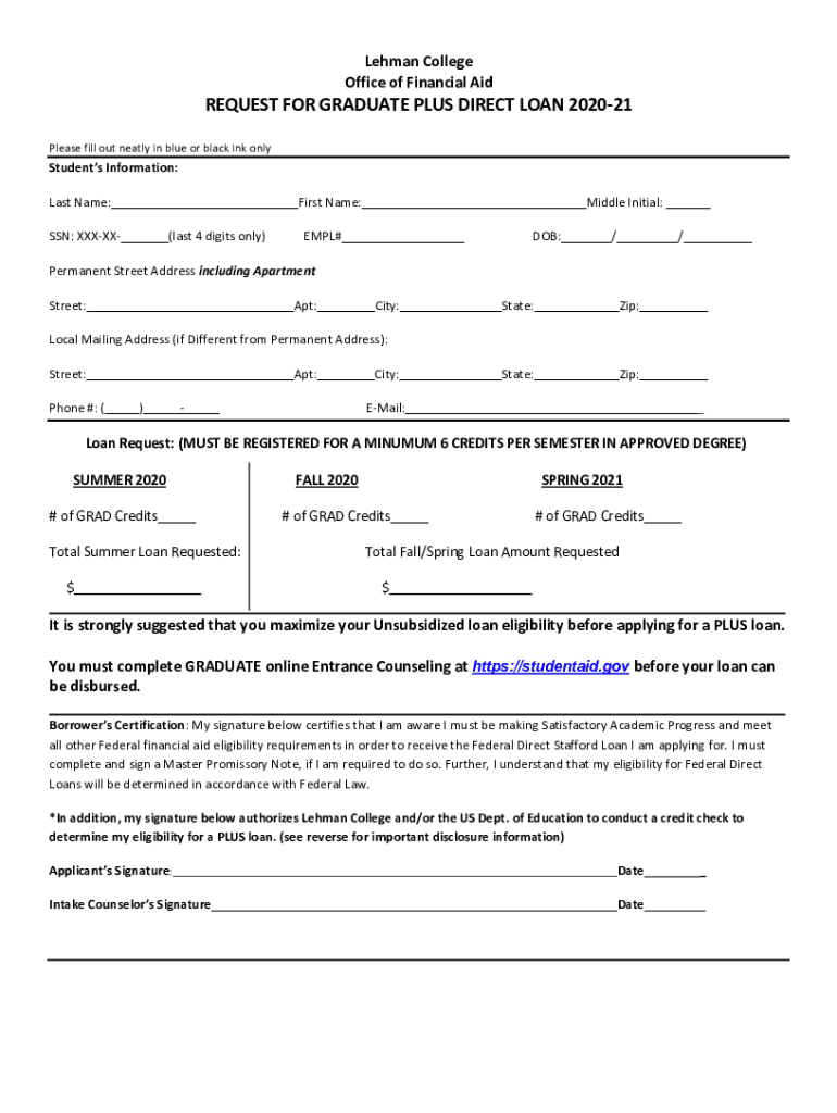 Fillable Online REQUEST FOR GRADUATE PLUS DIRECT LOAN 2020-21 Fax Email ...