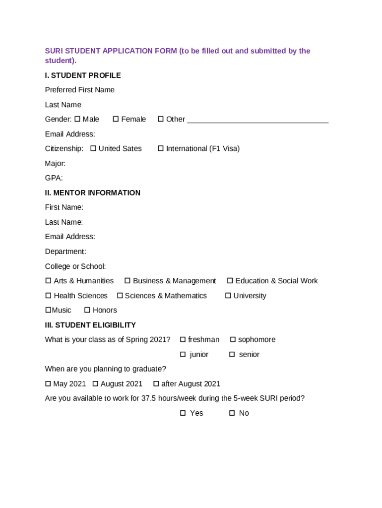 SURI STUDENT APPLICATION (to be filled out and submitted by the student ...