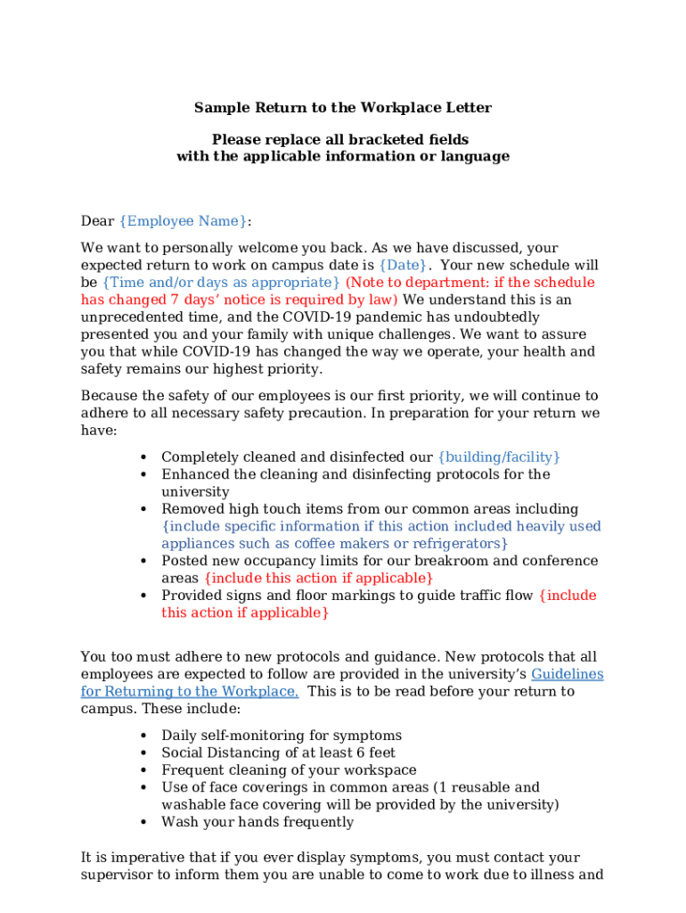 Sample Return to the Workplace Letter Doc Template | pdfFiller