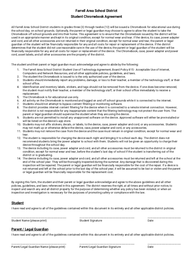 Fillable Online Farrell Area School District Student Chromebook ...