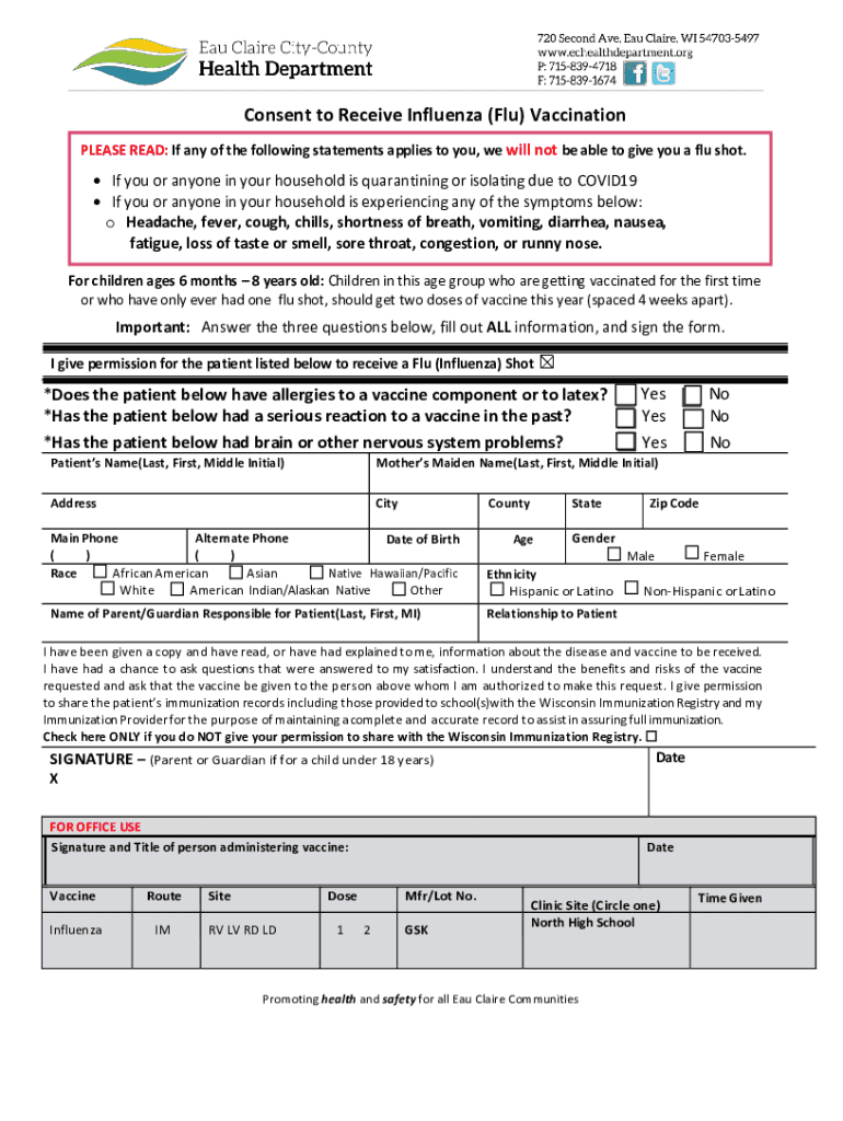 Fillable Online Annual Influenza Vaccine Consent Form-FLU SHOT Section ...