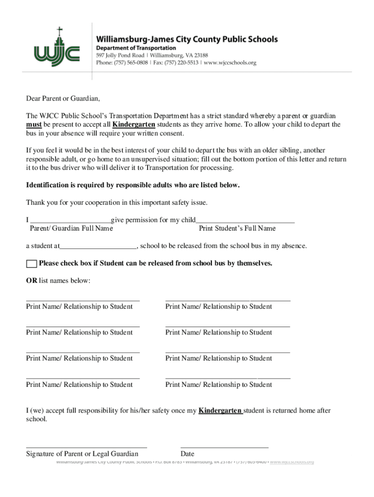 Fillable Online Kindergarten Transportation Release Form - WJCC Public ...