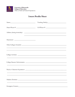 Fillable Online INTERN INFORMATION SHEET - University of Montevallo Fax Email Print - pdfFiller