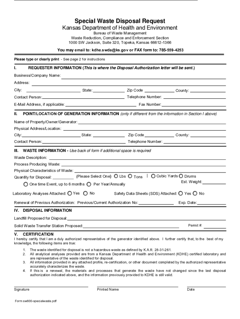 Fillable Online Special Waste Disposal Request Kansas Department of Health ... Fax Email Print ...