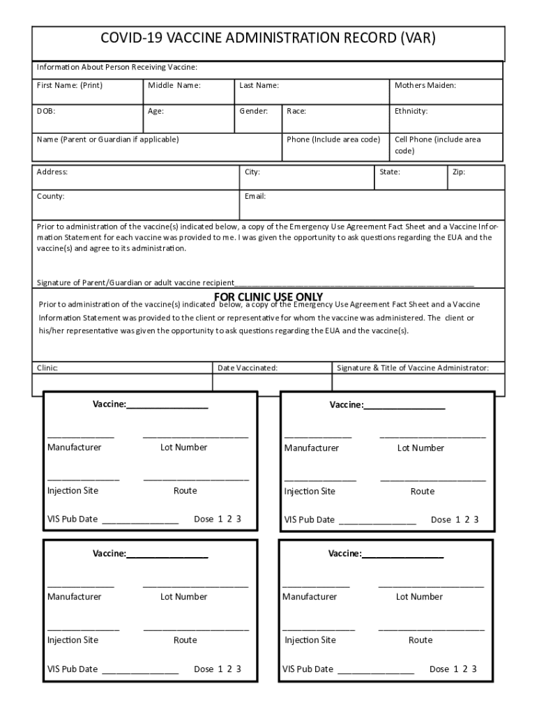 Fillable Online msdh ms COVID-19 VACCINE ADMINISTRATION RECORD (VAR) Fax Email Print - pdfFiller