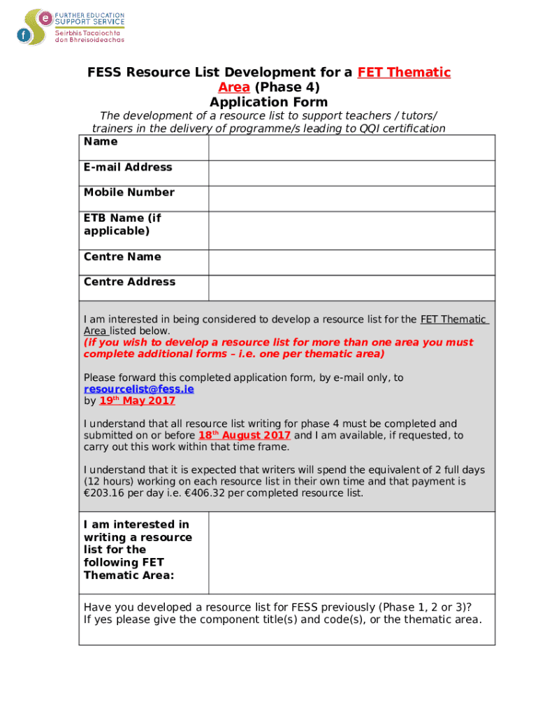 FESS Resource List Development for a FET Thematic Area (Phase 4) Doc ...