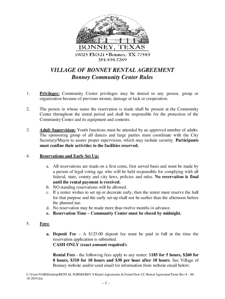 Fillable Online VILLAGE OF BONNEY RENTAL AGREEMENT Bonney Community ...