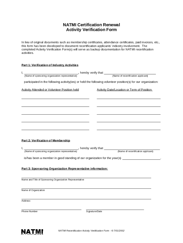 Recertification Activity Verification Doc Template | pdfFiller