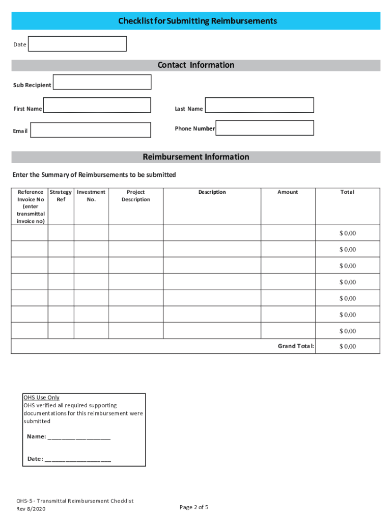 Fillable Online Procedures for Transmittal Reimbursement Checklist Fax ...