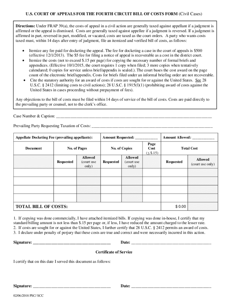 Fillable Online Bill of Costs Form - United States Court of Appeals for ...