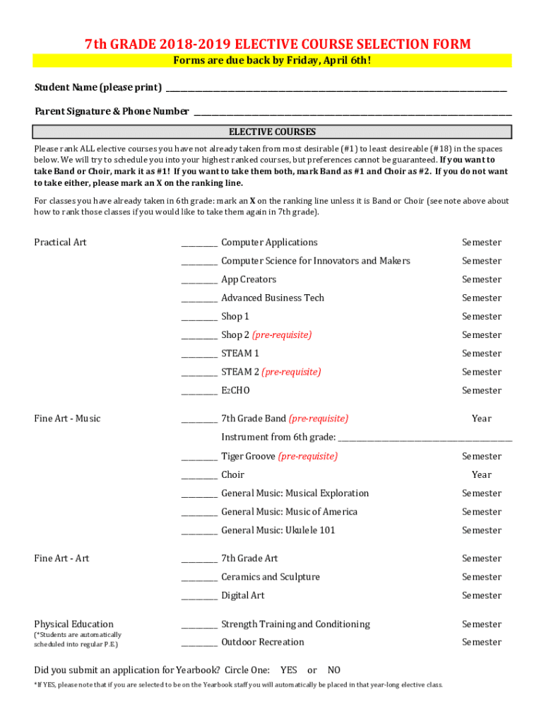 Fillable Online 7th GRADE 2018-2019 ELECTIVE COURSE SELECTION FORM Fax ...