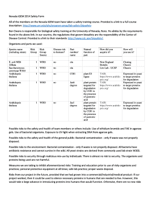 Fillable Online 2014 igem Nevada iGEM 2014 Safety Form All of the members on the Nevada ...