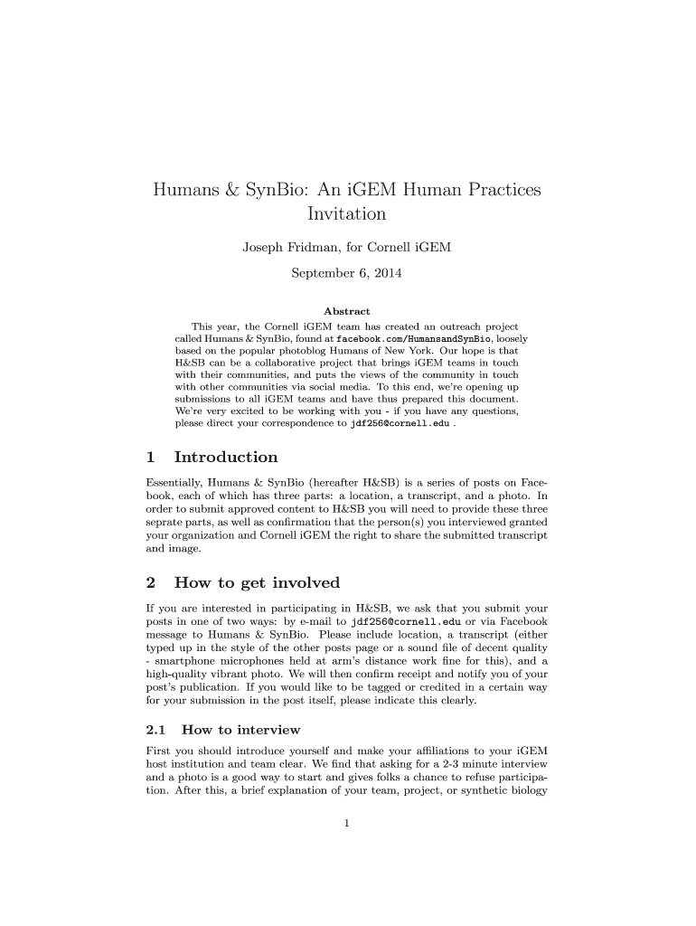 Fillable Online Humans & SynBio: An iGEM Human Practices Fax Email ...