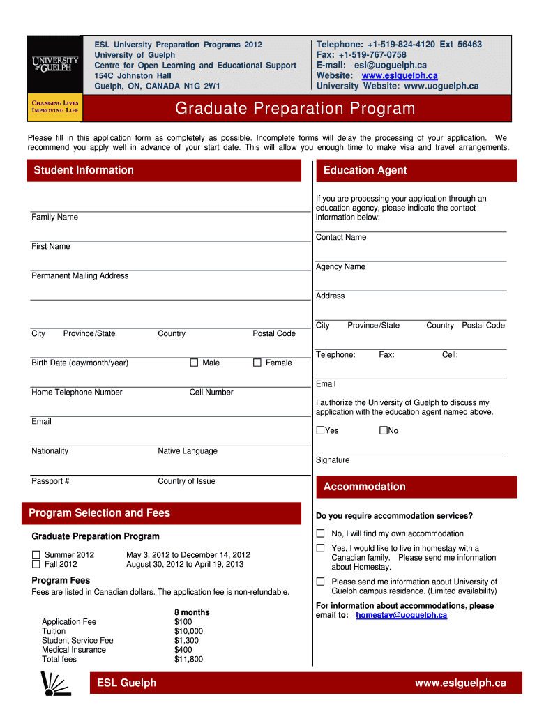 Fillable Online Graduate Preparation Program - University of Guelph ESL University ... Fax Email ...