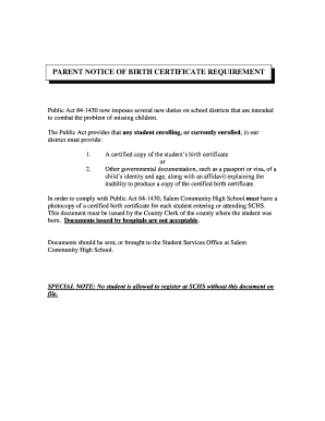 Fillable Online PARENT NOTICE OF BIRTH CERTIFICATE REQUIREMENT Fax ...