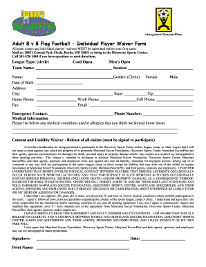 Fillable Online mdsoccerplex Adult 8 v 8 Flag Football - Individual ...