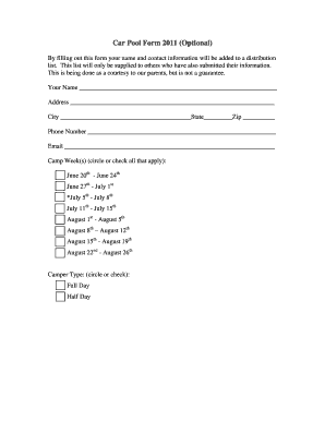 Fillable Online mdsoccerplex Car Pool Form 2011 (Optional) Fax Email ...