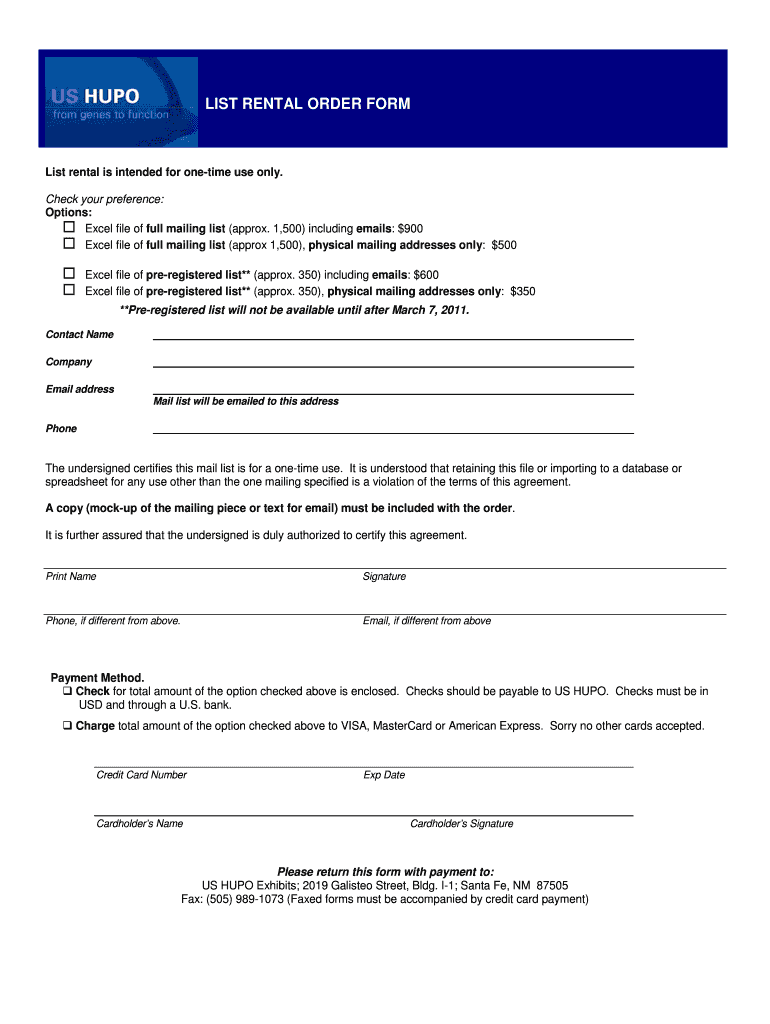 Fillable Online ushupo LIST RENTAL ORDER FORM - ushupo Fax Email Print ...