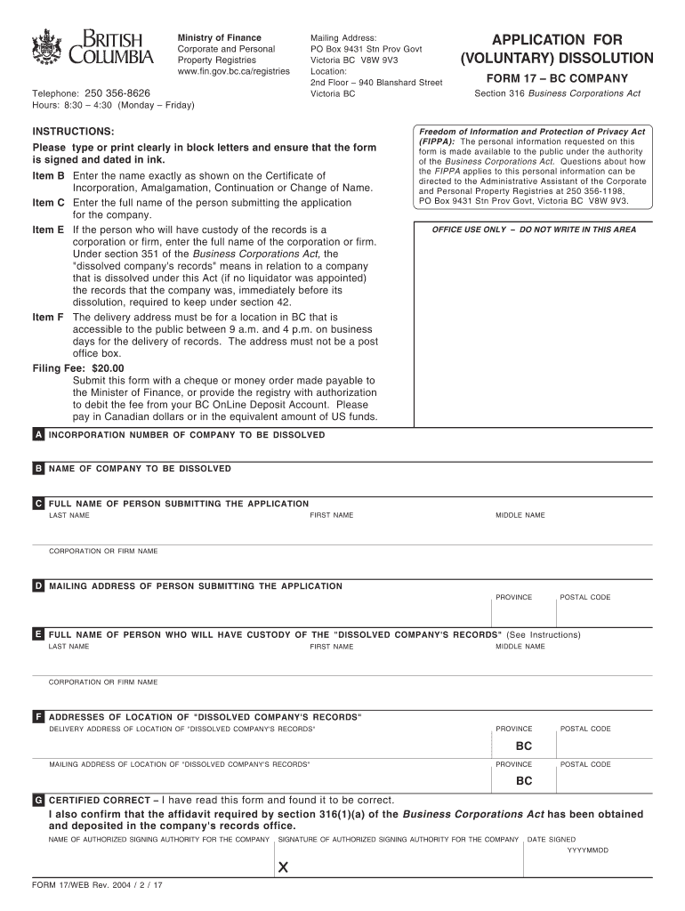 Fillable Online Form 17: Application for (Voluntary) Dissolution - BC ...
