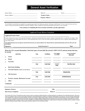 Fillable Online rentalcompliance General Asset Verification - Project ...